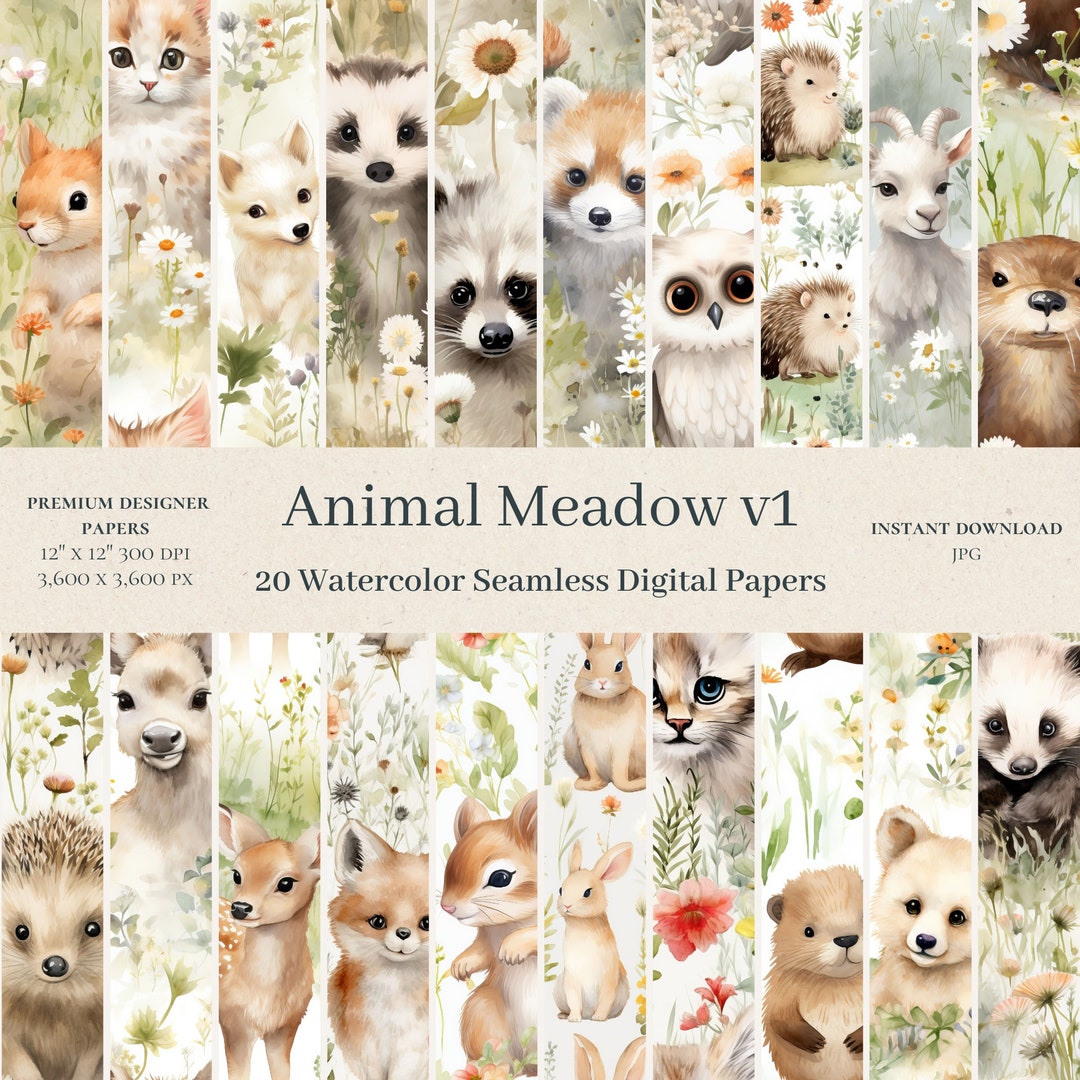 20 Animal Meadow Digital Papers - Watercolor Woodland Seamless Pattern ...
