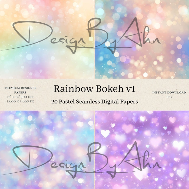 20 Rainbow Bokeh Digital Papers Pastel Scrapbook, Soft Bokeh Digital ...