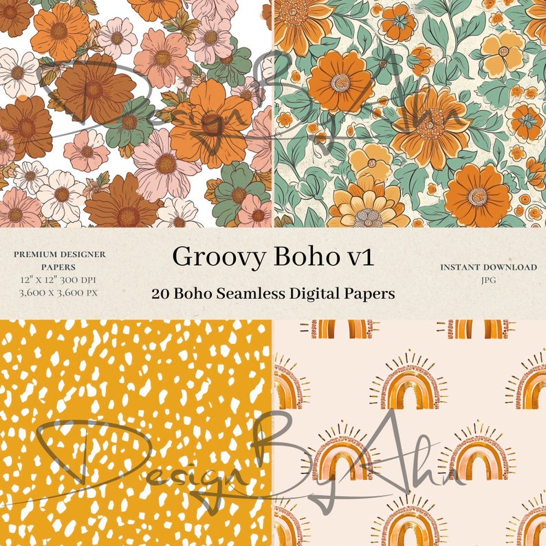 20 Boho Groovy Digital Papers Commercial Use, Seamless Pattern, Groovy ...