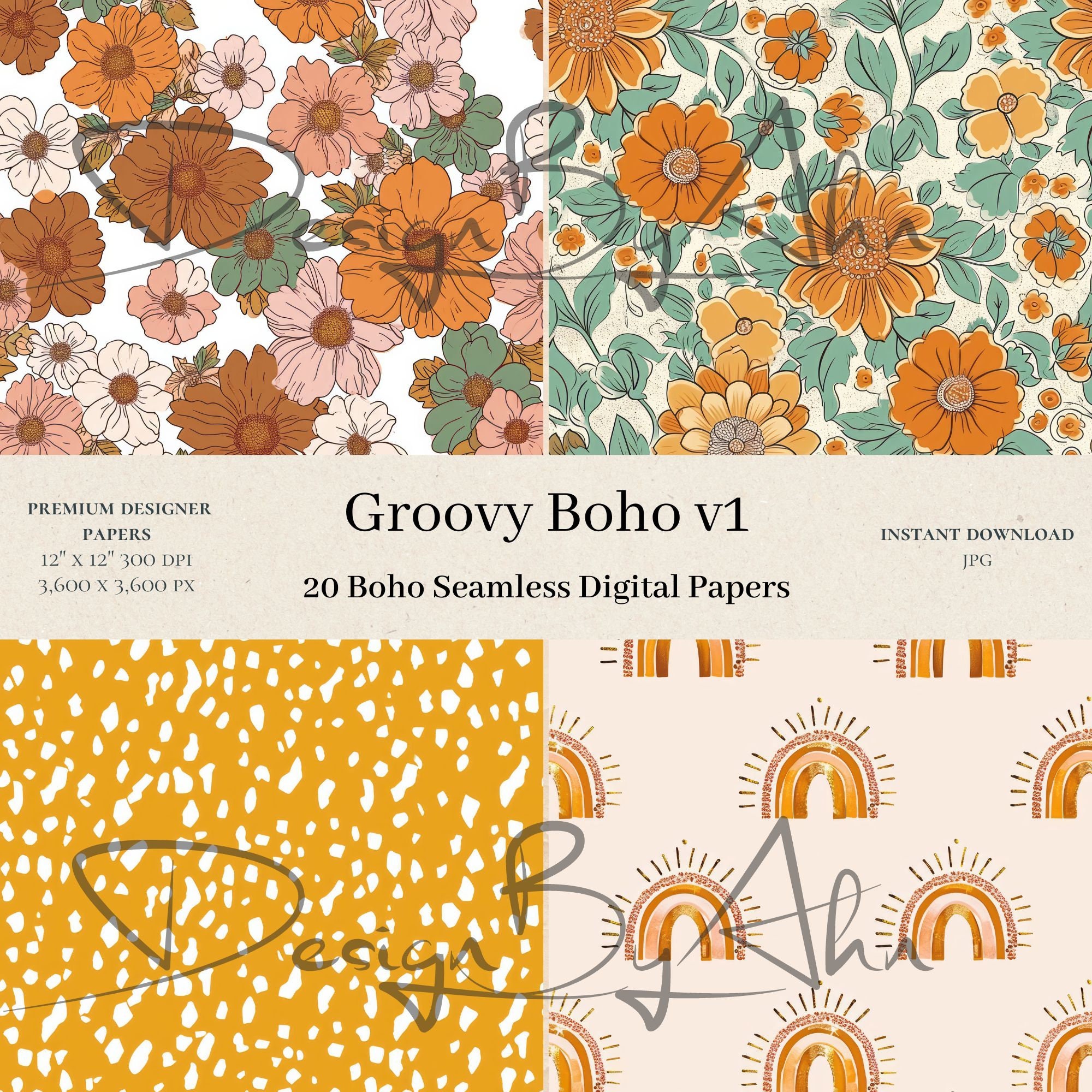 20 Boho Groovy Digital Papers Commercial Use, Seamless Pattern, Groovy 70s Flower Vintage Art ...