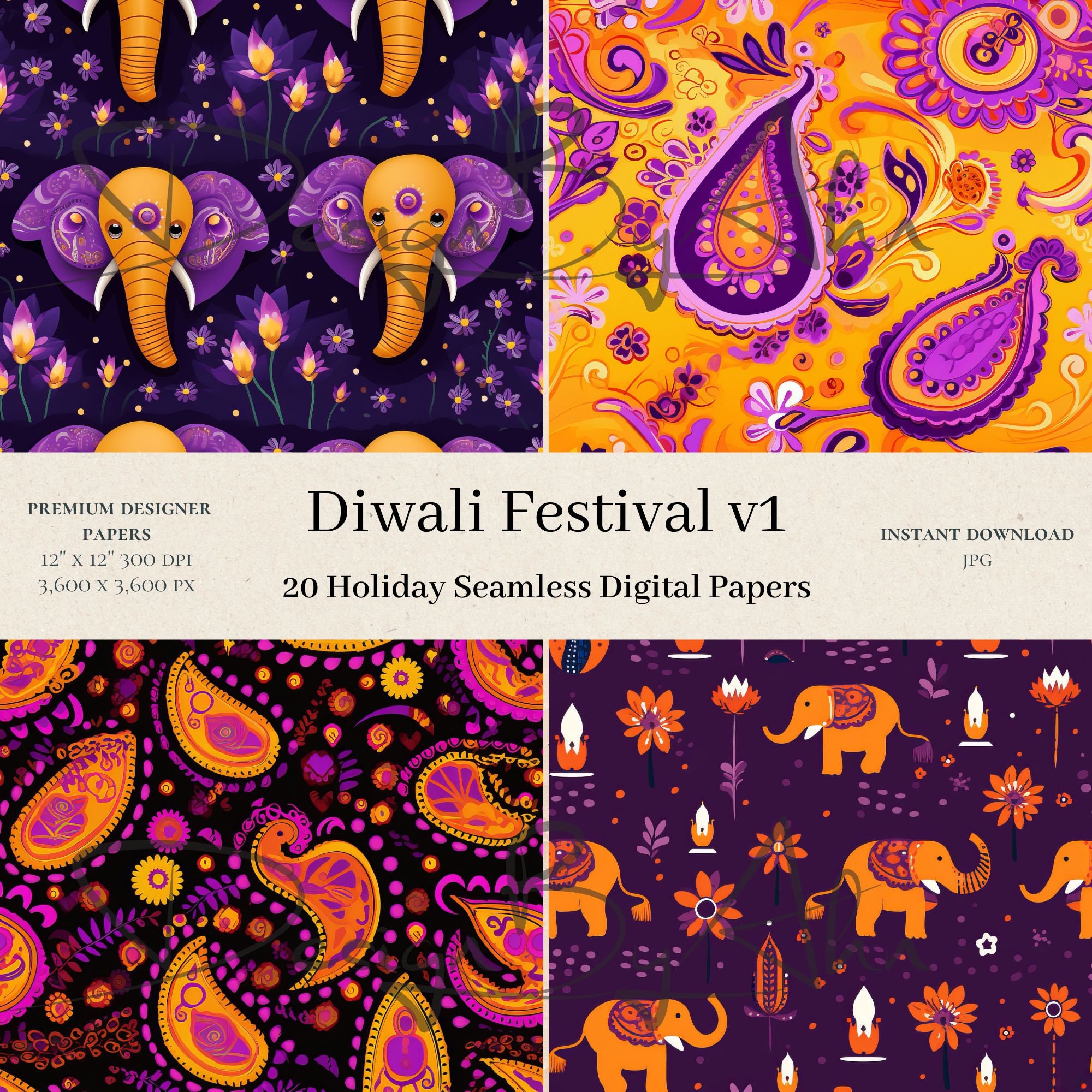 20 Diwali Festival Digital Papers Painted Seamless Pattern, Junk ...