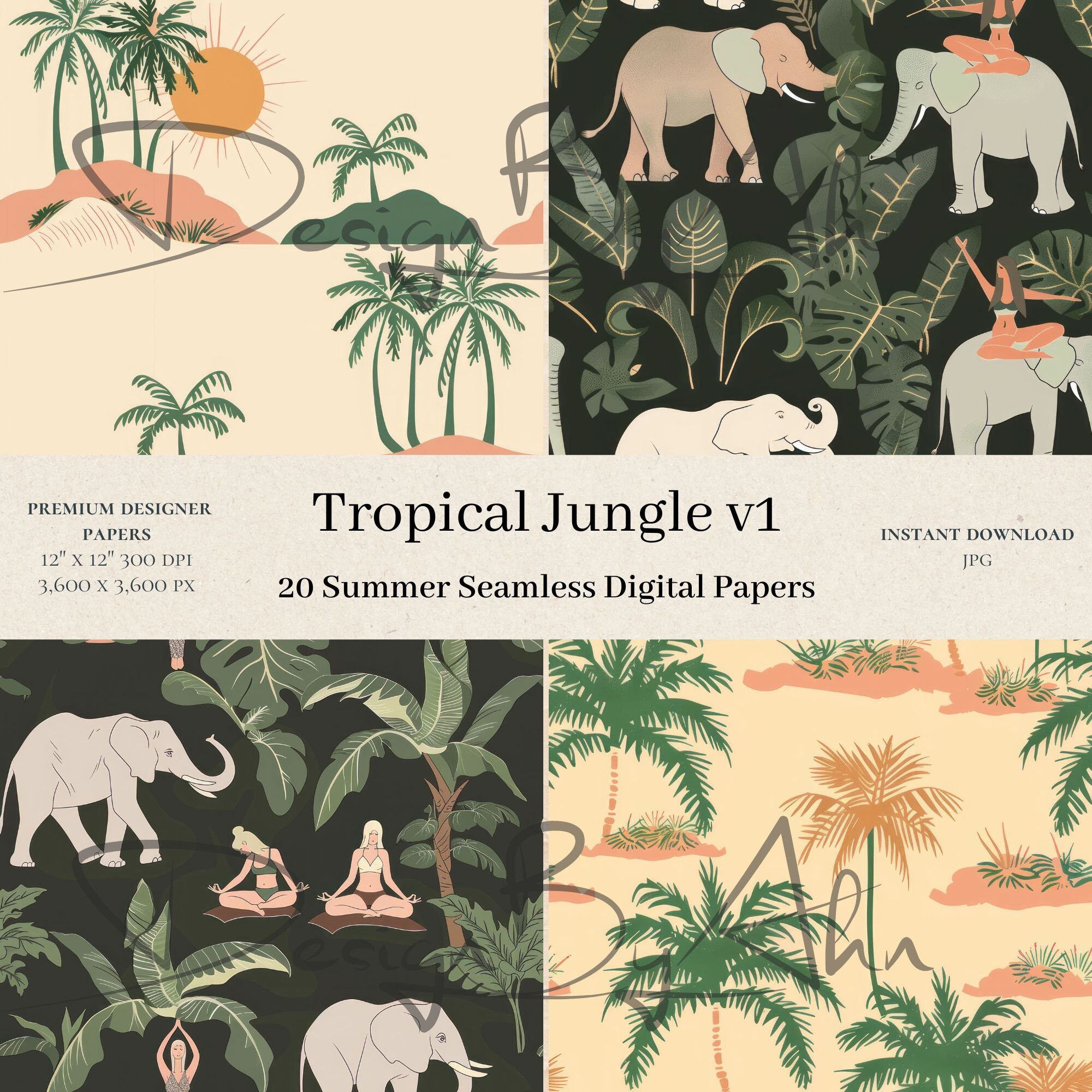 20 Tropical Jungle Digital Papers Elephant Scrapbook, Botanical Paper ...