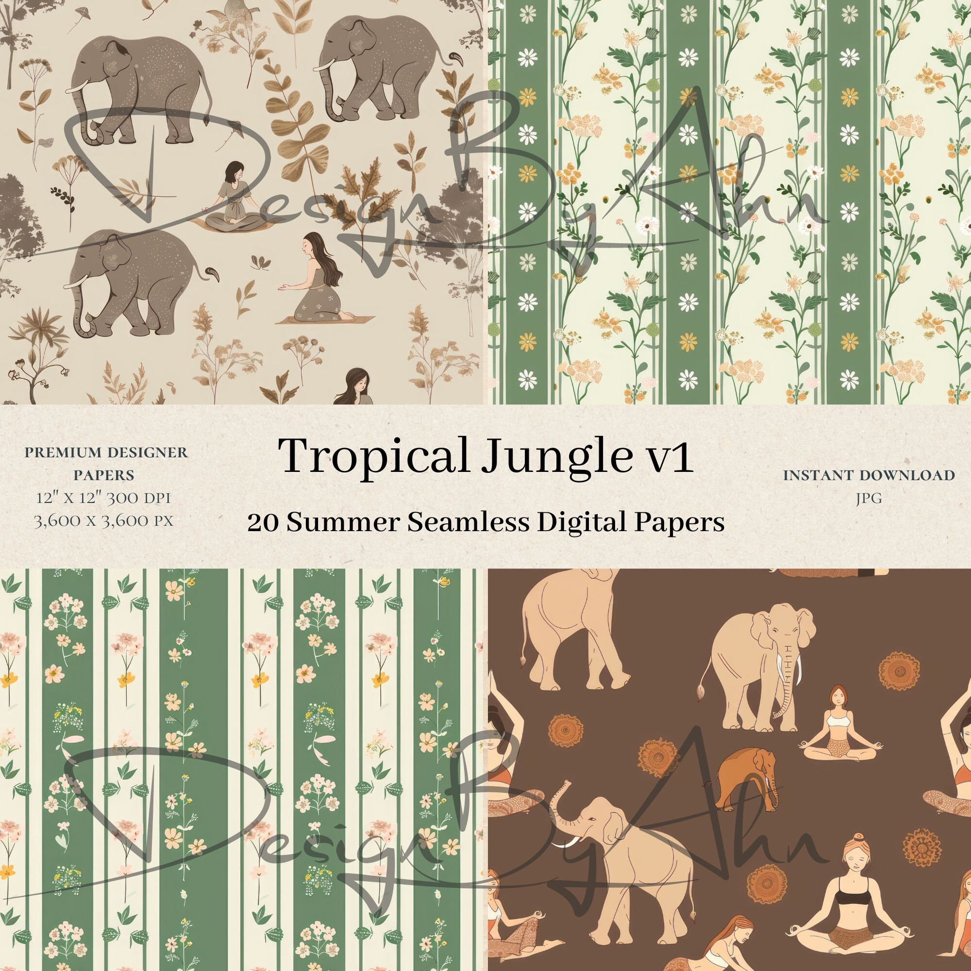 20 Tropical Jungle Digital Papers Elephant Scrapbook, Botanical Paper ...