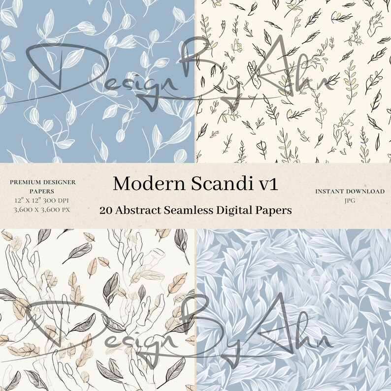 20 Modern Scandi Digital Papers Watercolor Scrapbook, Leaves, Hands ...