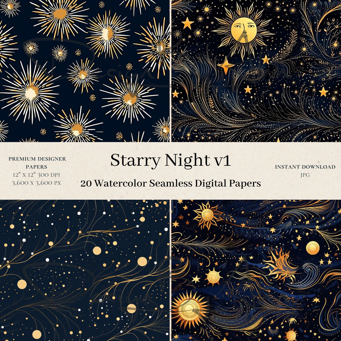 20 Starry Night Digital Papers - Gold & Navy Watercolor Scrapbook ...