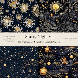 20 Starry Night Digital Papers - Gold & Navy Watercolor Scrapbook ...