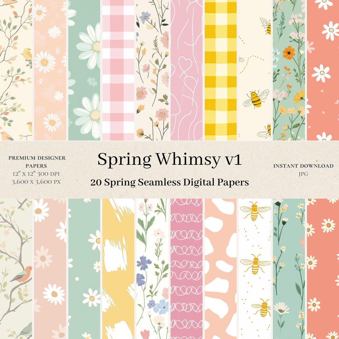 20 Spring Whimsy Digital Papers - Bees Seamless Repeat Pattern ...
