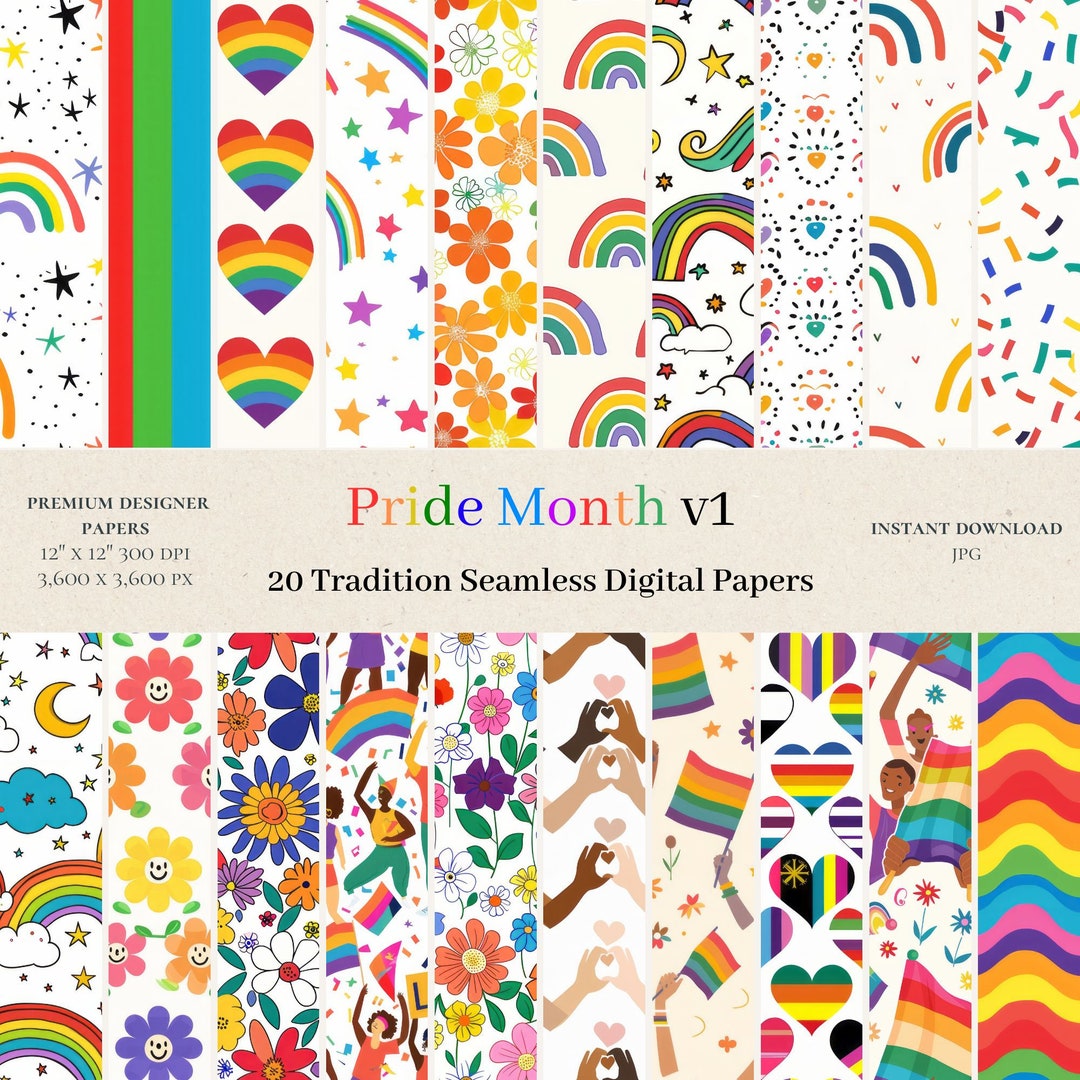 20 Pride Month Digital Papers - LGBTQ+ Seamless Digital Paper, Rainbow ...