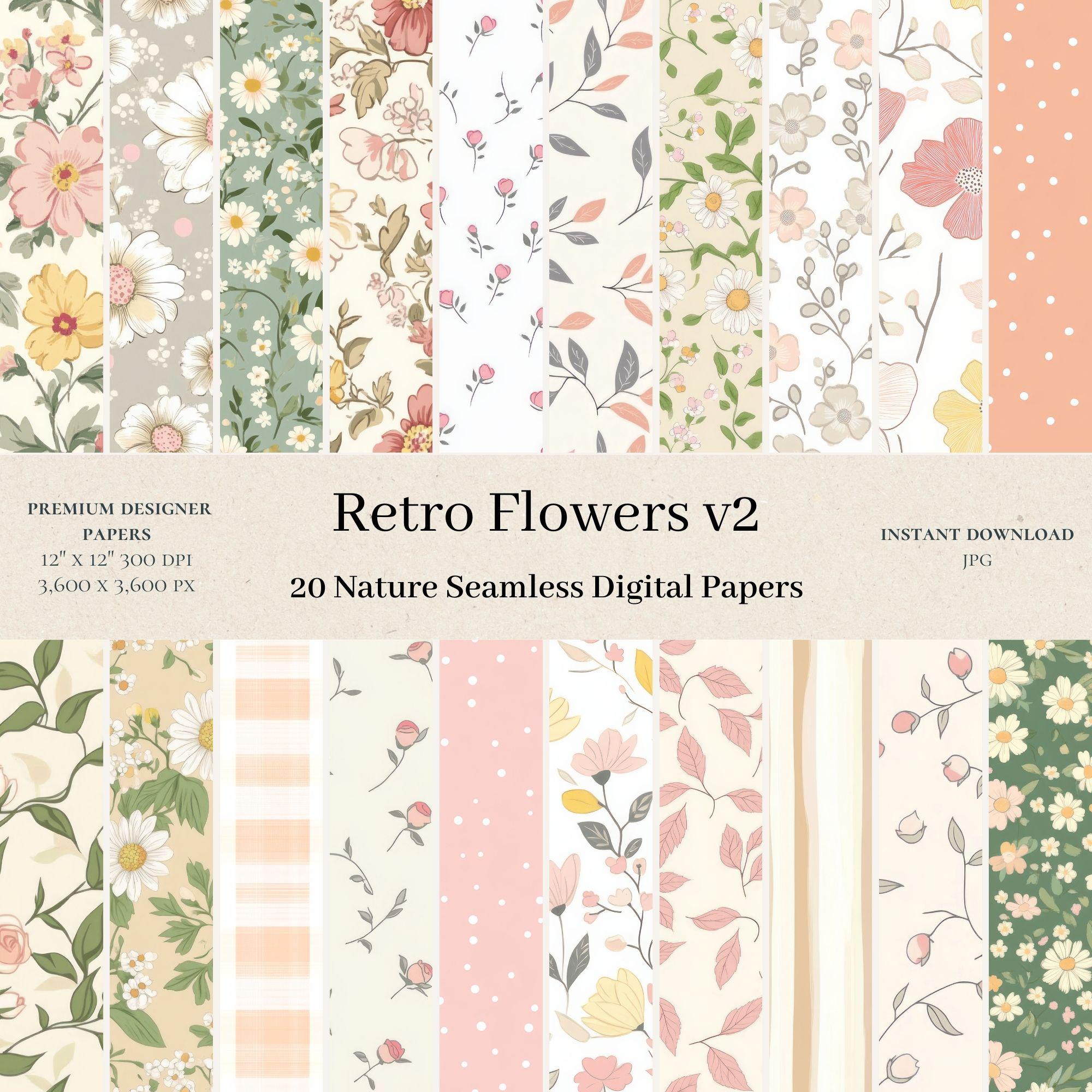 20 Retro Flowers Digital Papers - Beige & Peach Seamless Pattern, Ditsy ...