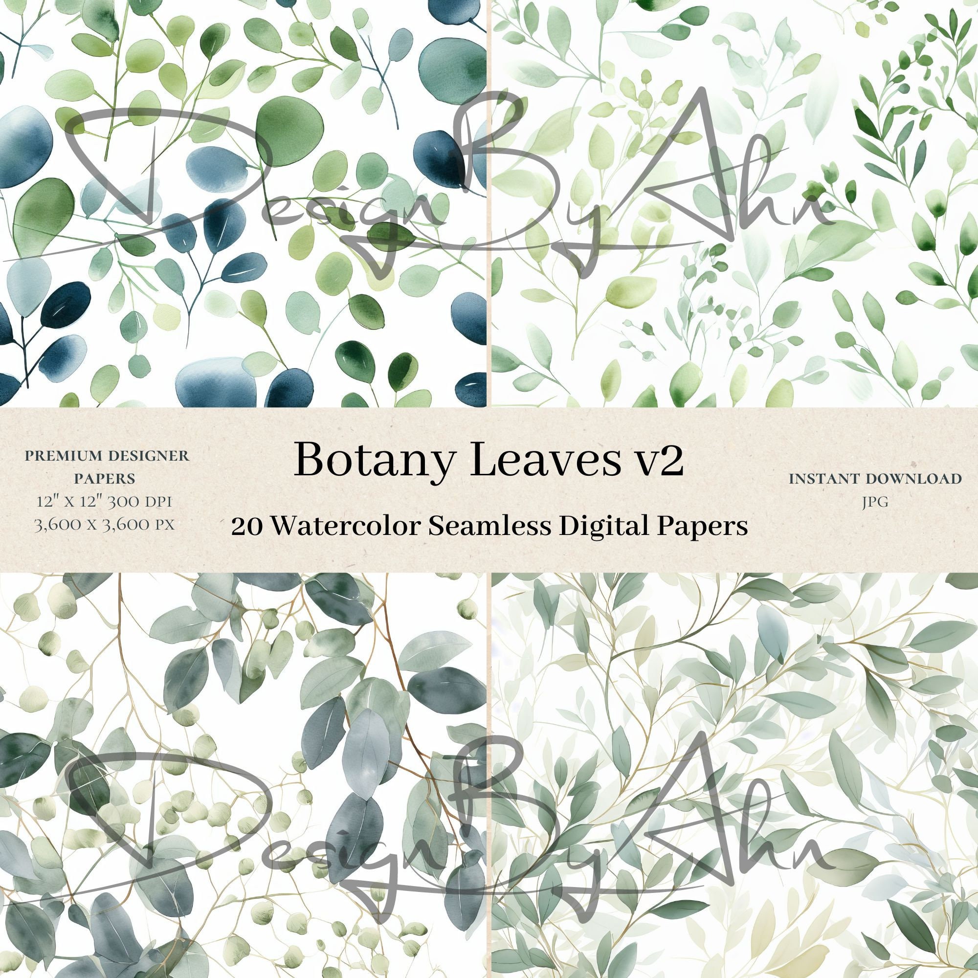 20 Botany Leaves Digital Papers Watercolor Scrapbook, Seamless Digital ...