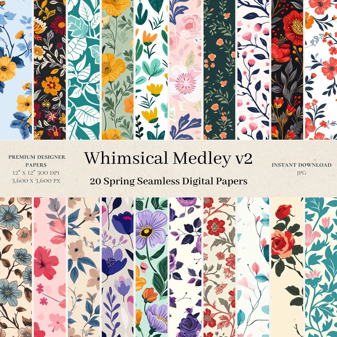 20 Whimsical Medley Digital Papers - Flowers Seamless Pattern, Floral ...