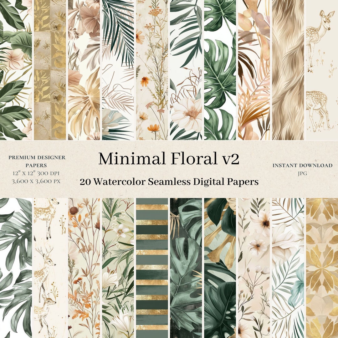 20 Minimal Floral Digital Papers - Watercolor Scrapbook, Seamless ...