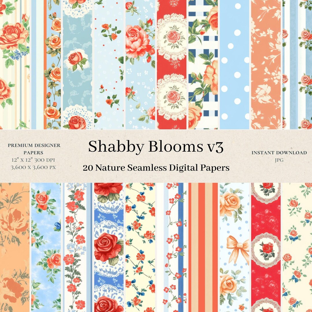20 Shabby Blooms Digital Papers - Shabby Chic Seamless Pattern, Blue ...
