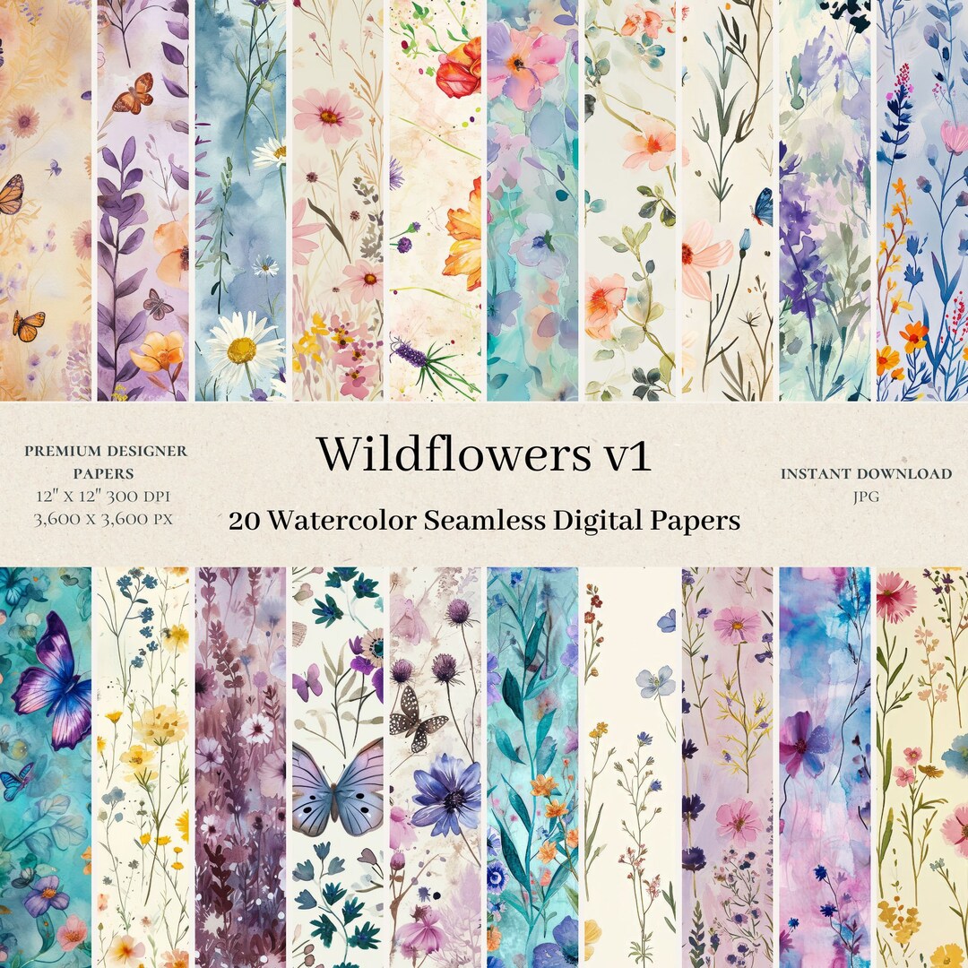 20 Wildflowers Digital Papers - Watercolor Scrapbook, Meadow Seamless ...