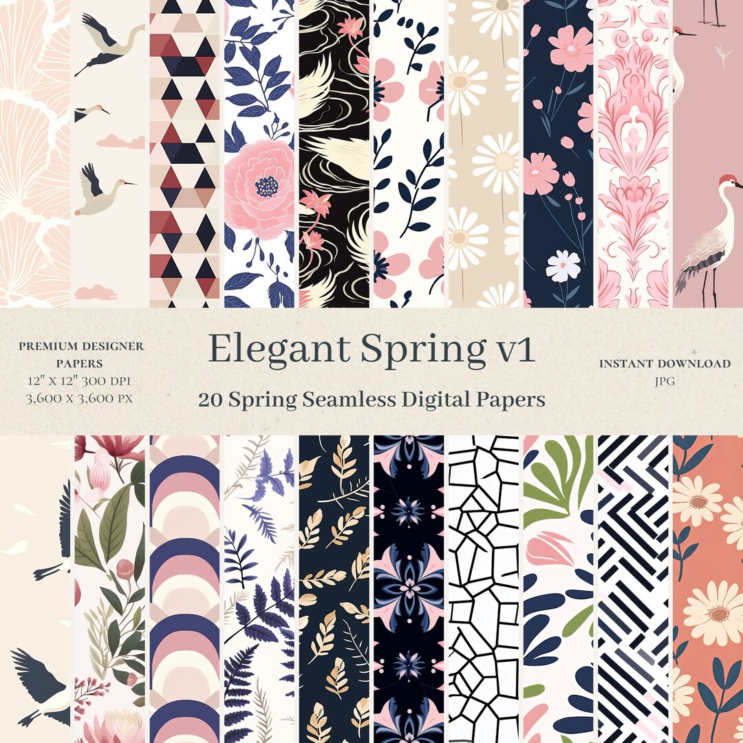 20 Elegant Spring Digital Papers - Bird Seamless Pattern, Swan Junk ...
