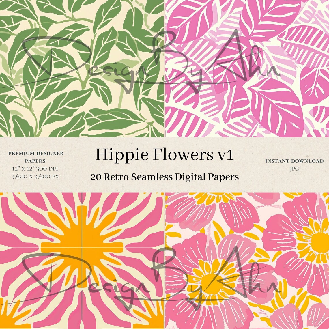 20 Hippie Flowers Digital Papers Seamless Patterns, Commercial Use ...