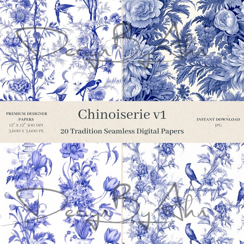 20 Chinoiserie Digital Papers Flower Scrapbook, Seamless Digital Paper ...