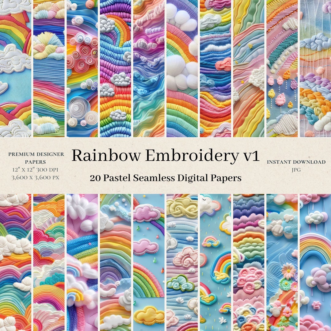 20 Rainbow Embroidery Digital Papers - Colorful Fabric Seamless Digital ...
