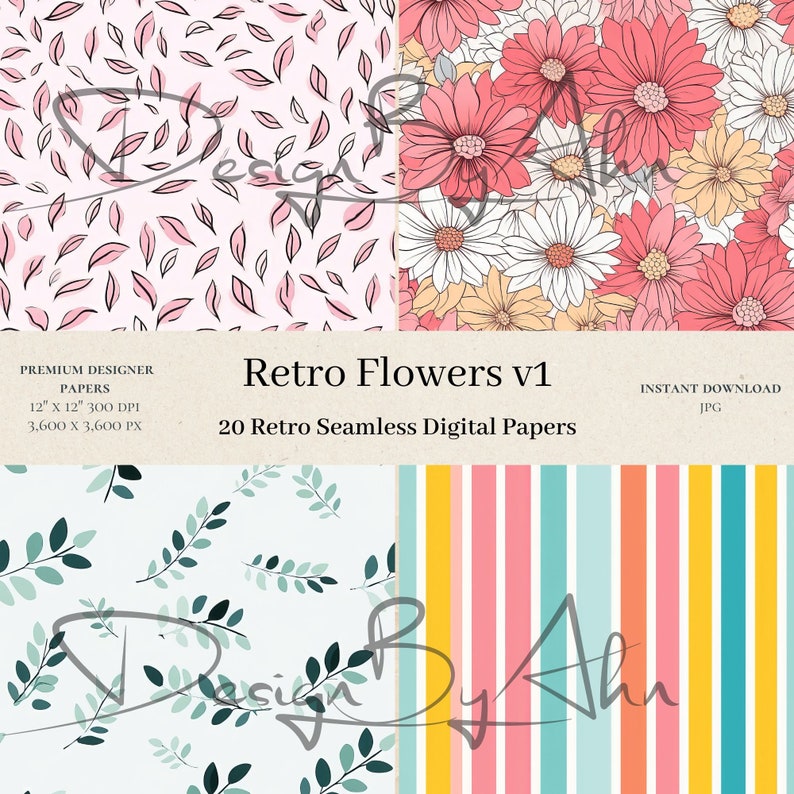 20 Retro Flowers Digital Papers - Commercial Use, Scrapbook Paper ...