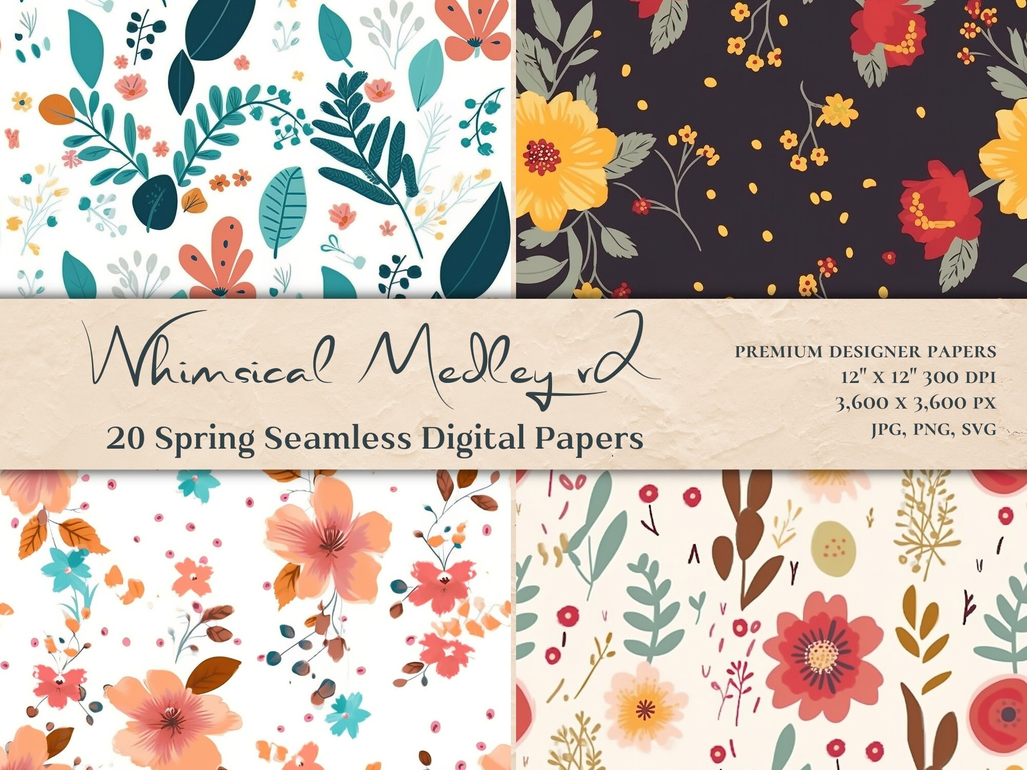 20 Whimsical Medley Digital Papers Flowers Seamless Pattern - Etsy