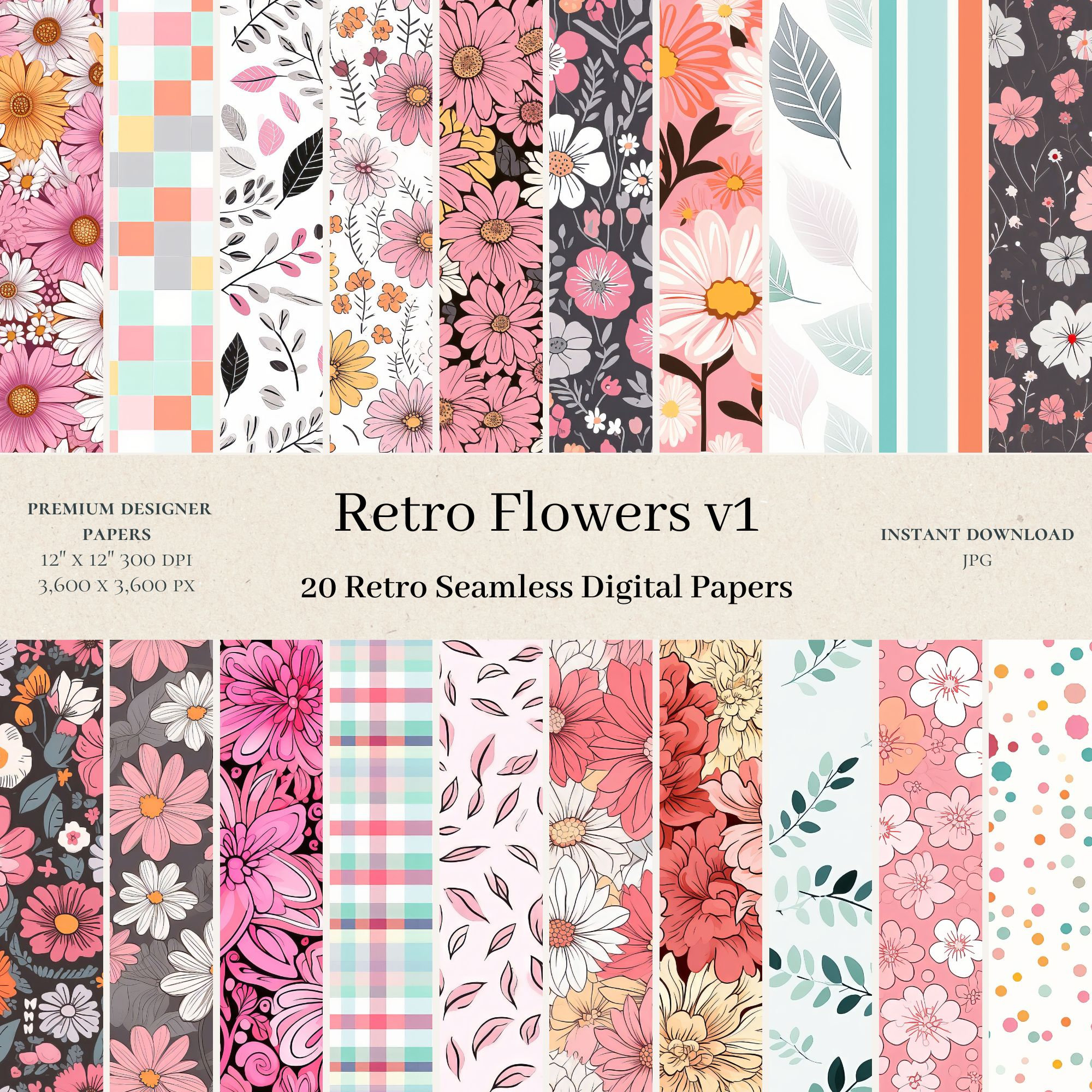 20 Retro Flowers Digital Papers Commercial Use, Scrapbook Paper, Retro ...