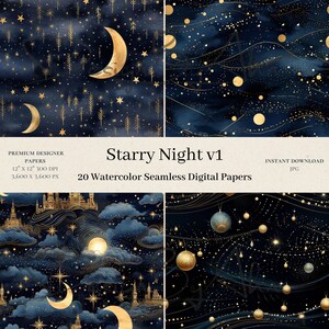 20 Starry Night Digital Papers - Gold & Navy Watercolor Scrapbook ...