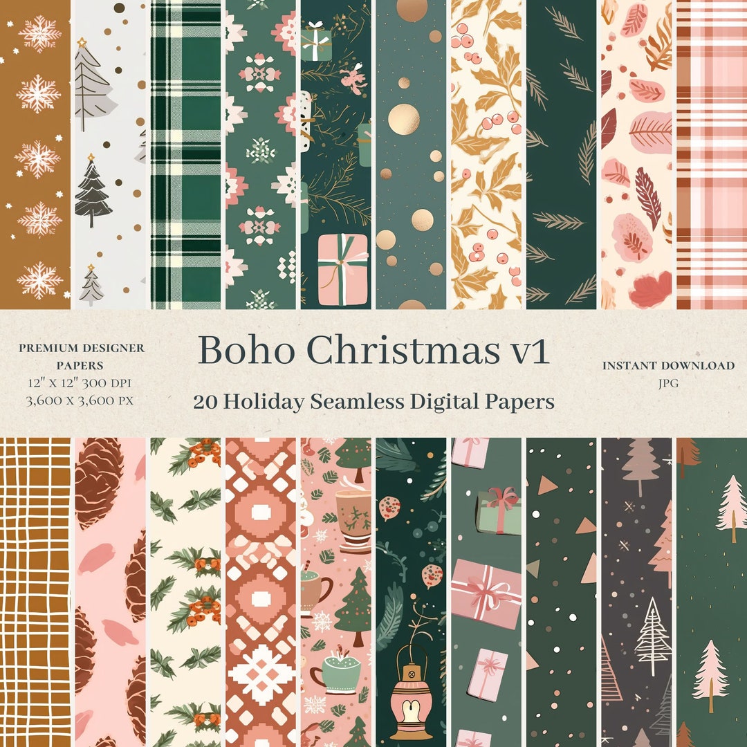 20 Boho Christmas Digital Papers - JPG, Floral Seamless Pattern, Trendy ...