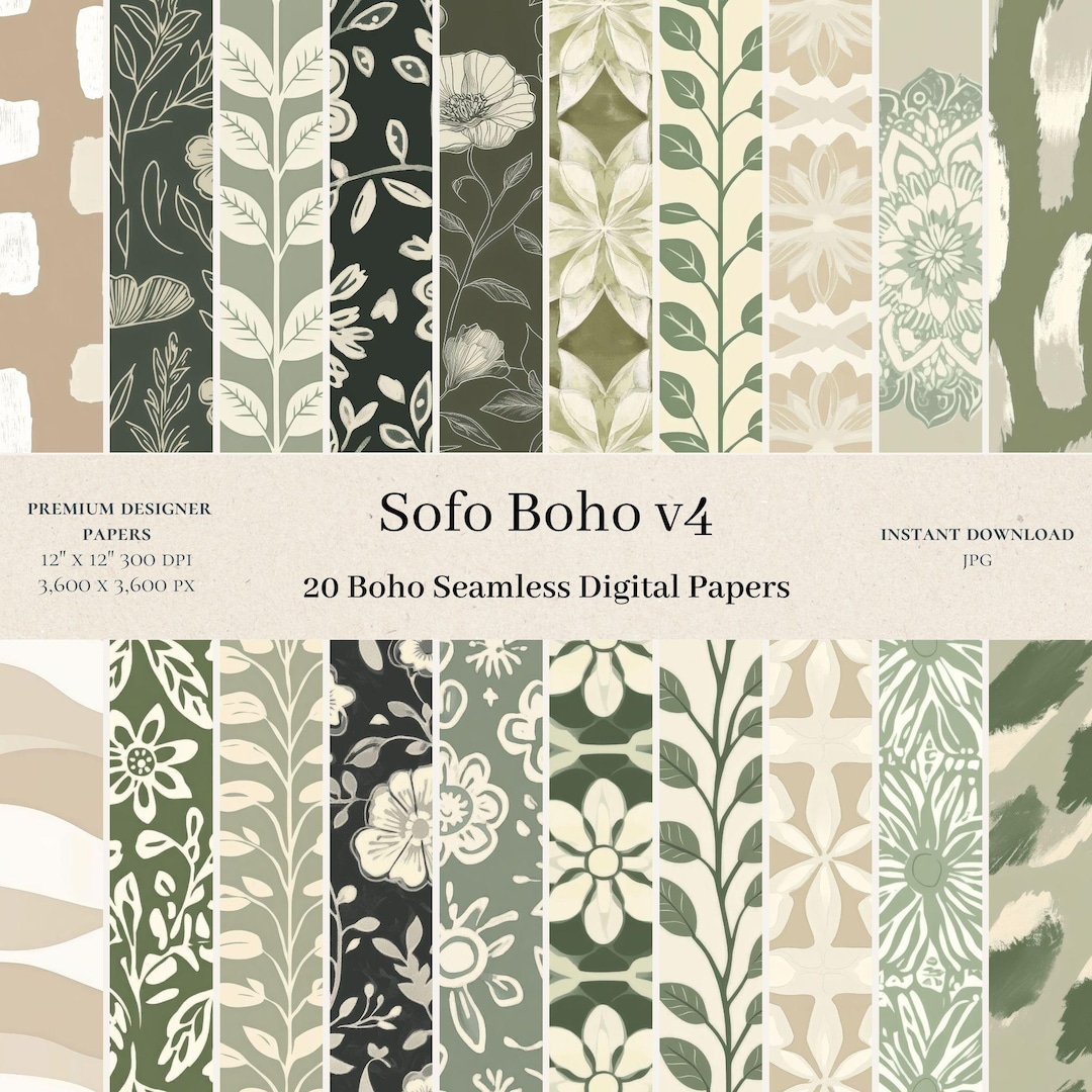 20 Soft Boho Digital Papers - Botanical Seamless Pattern Background, 20 ...