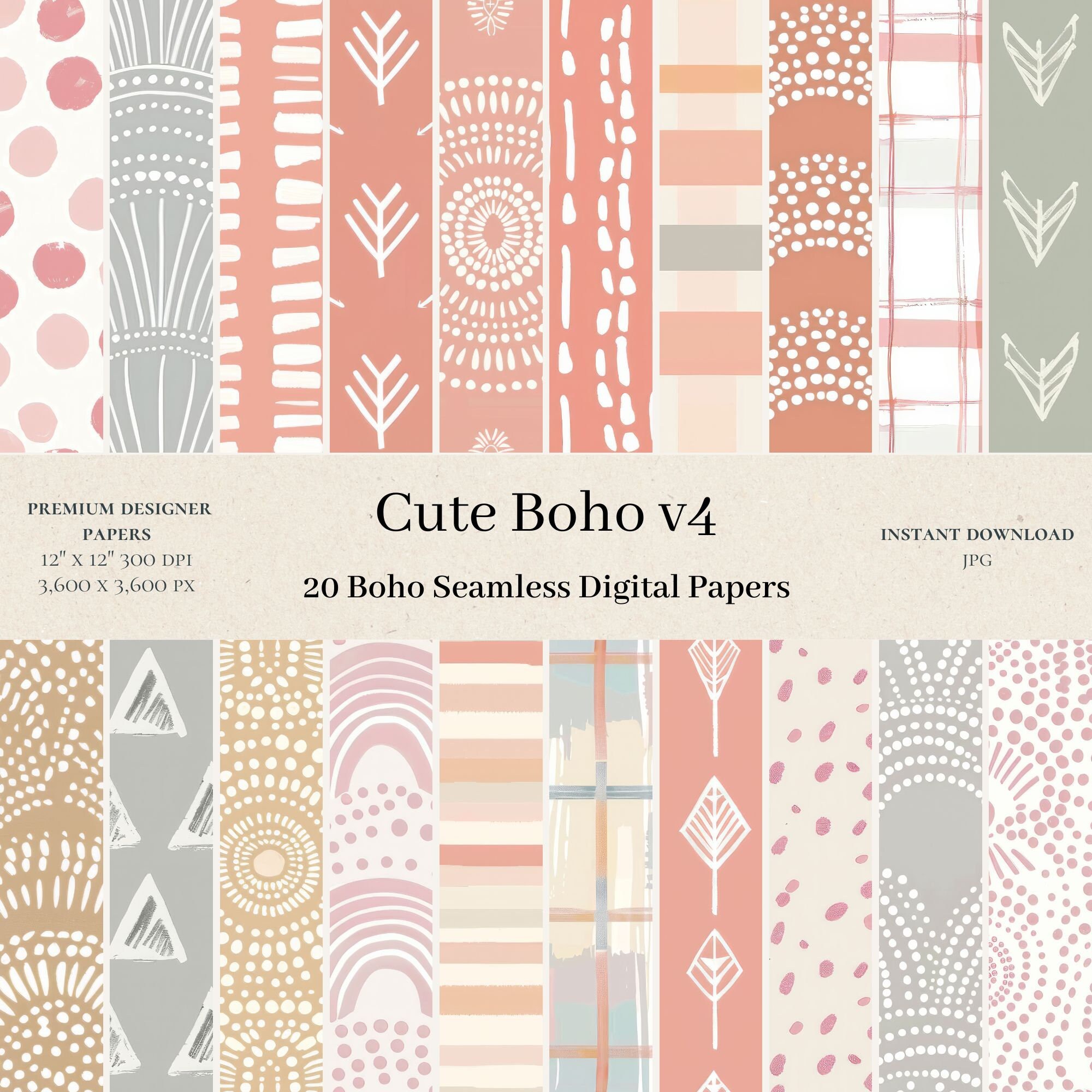 20 Cute Boho Digital Papers - Commercial Use, Scrapbook Paper ...