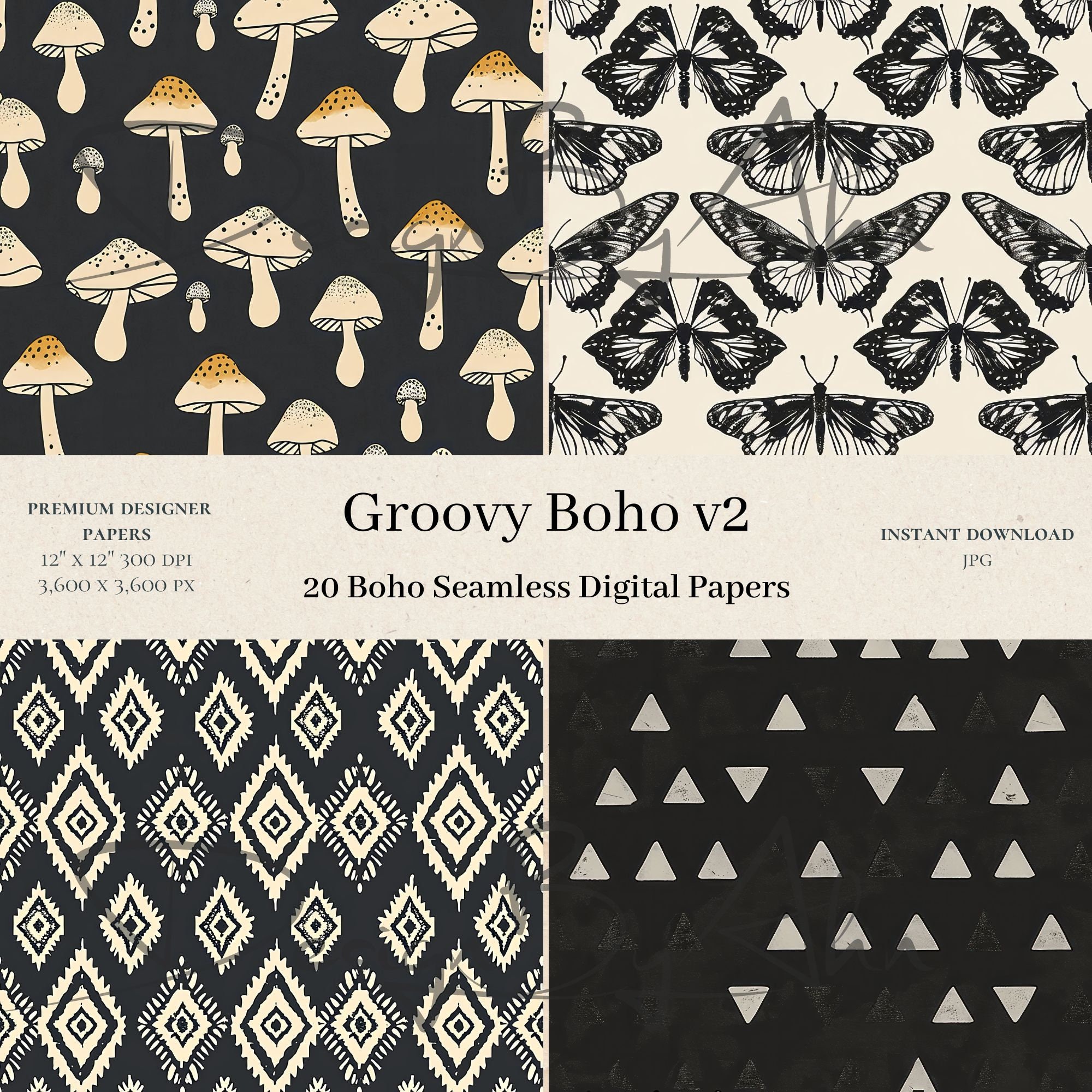 20 Groovy Boho Digital Papers Commercial Use, Seamless Pattern, Black ...