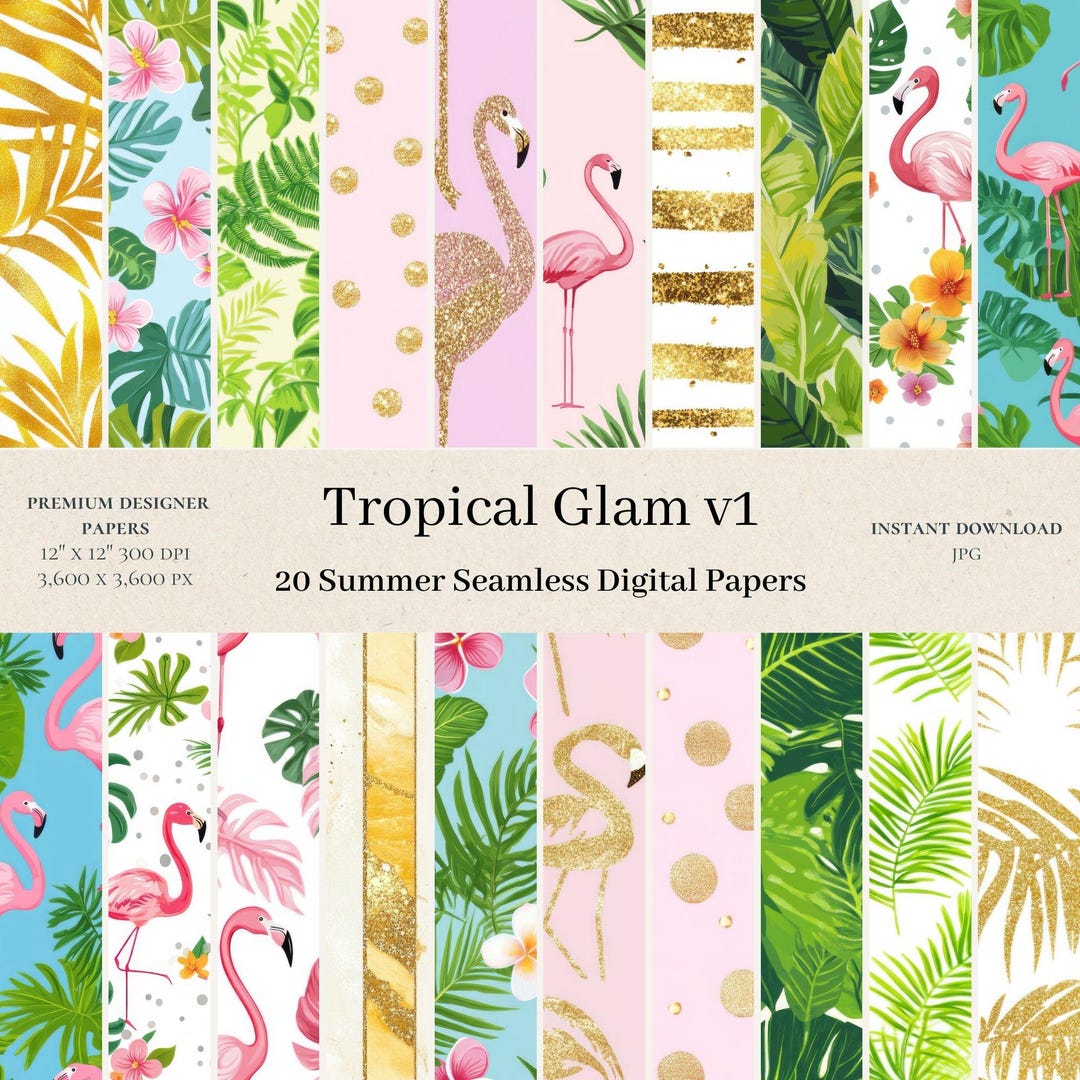 20 Tropical Glam Digital Papers - Gold Glitter Seamless Pattern ...