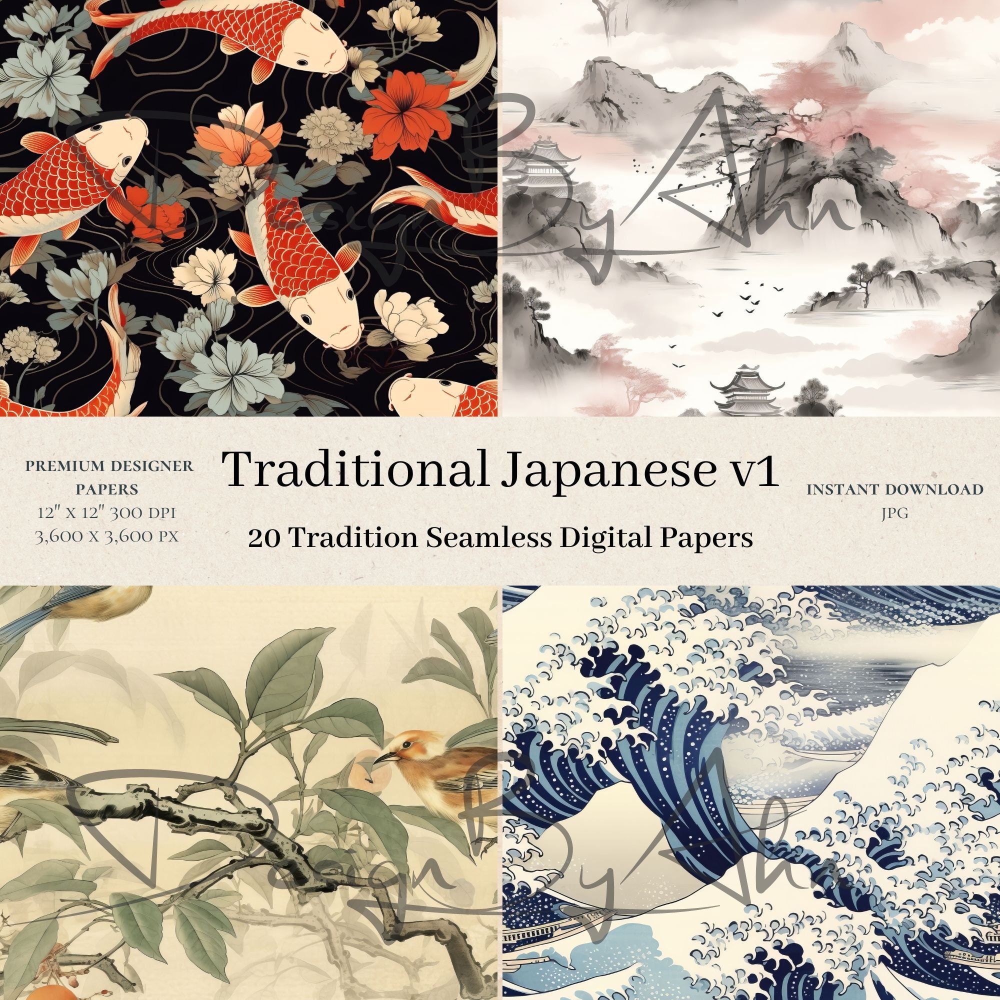 20 Traditional Japanese Digital Papers Grunge Scrapbook, Seamless ...