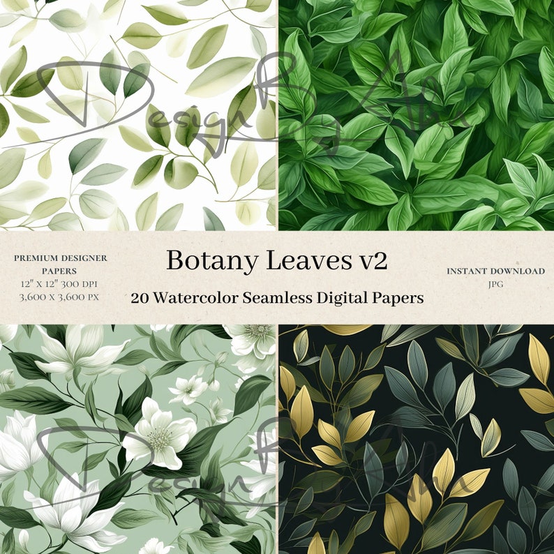 20 Botany Leaves Digital Papers Watercolor Scrapbook, Seamless Digital ...