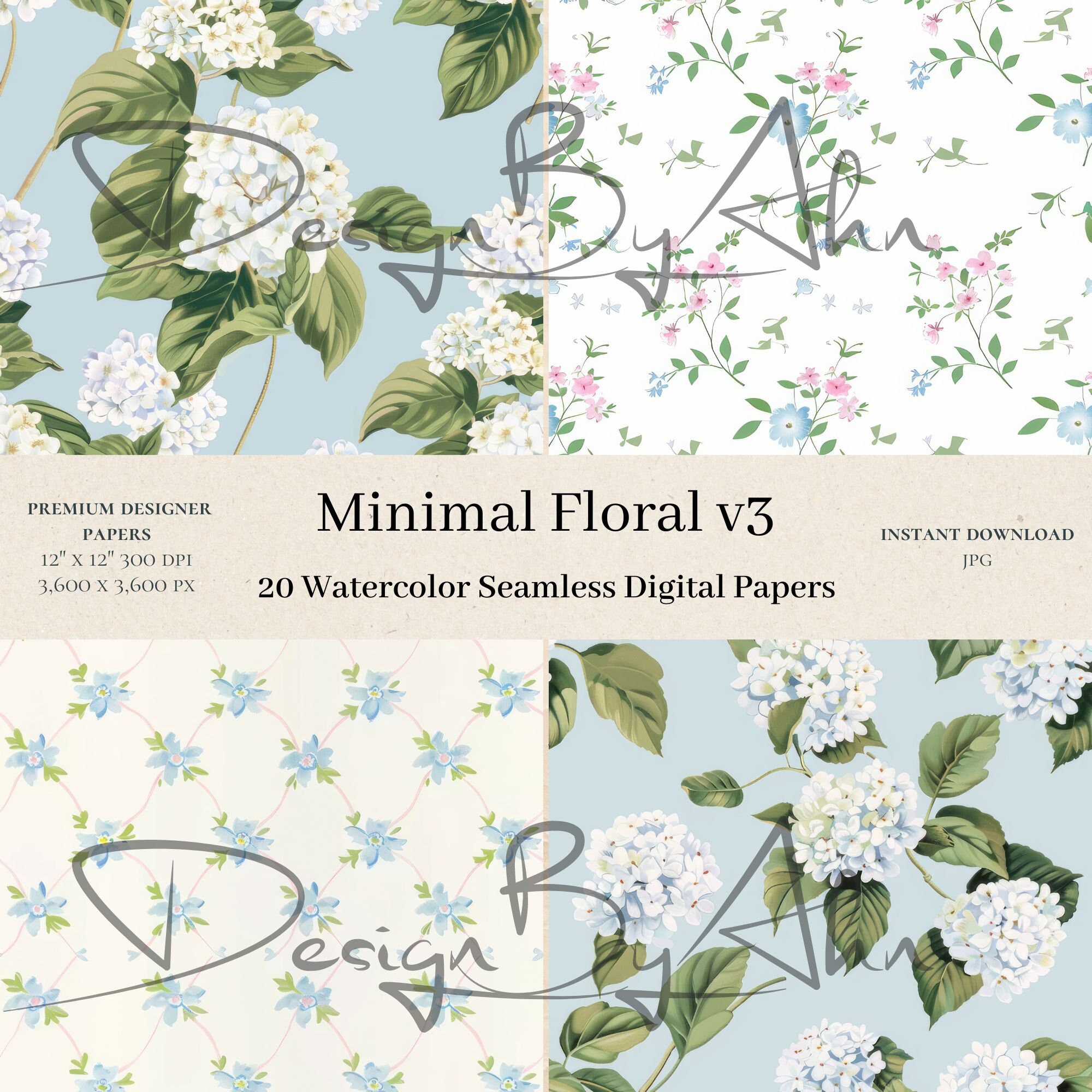 20 Minimal Floral Digital Papers Flower Scrapbook, Watercolor Seamless ...