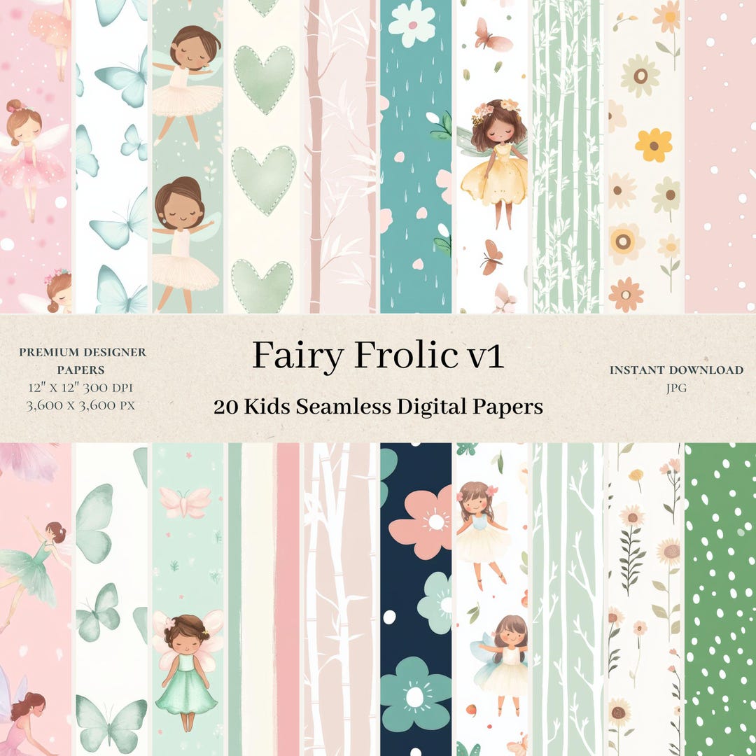 20 Fairy Frolic Digital Papers - Sage Seamless Pattern, Little Girl ...