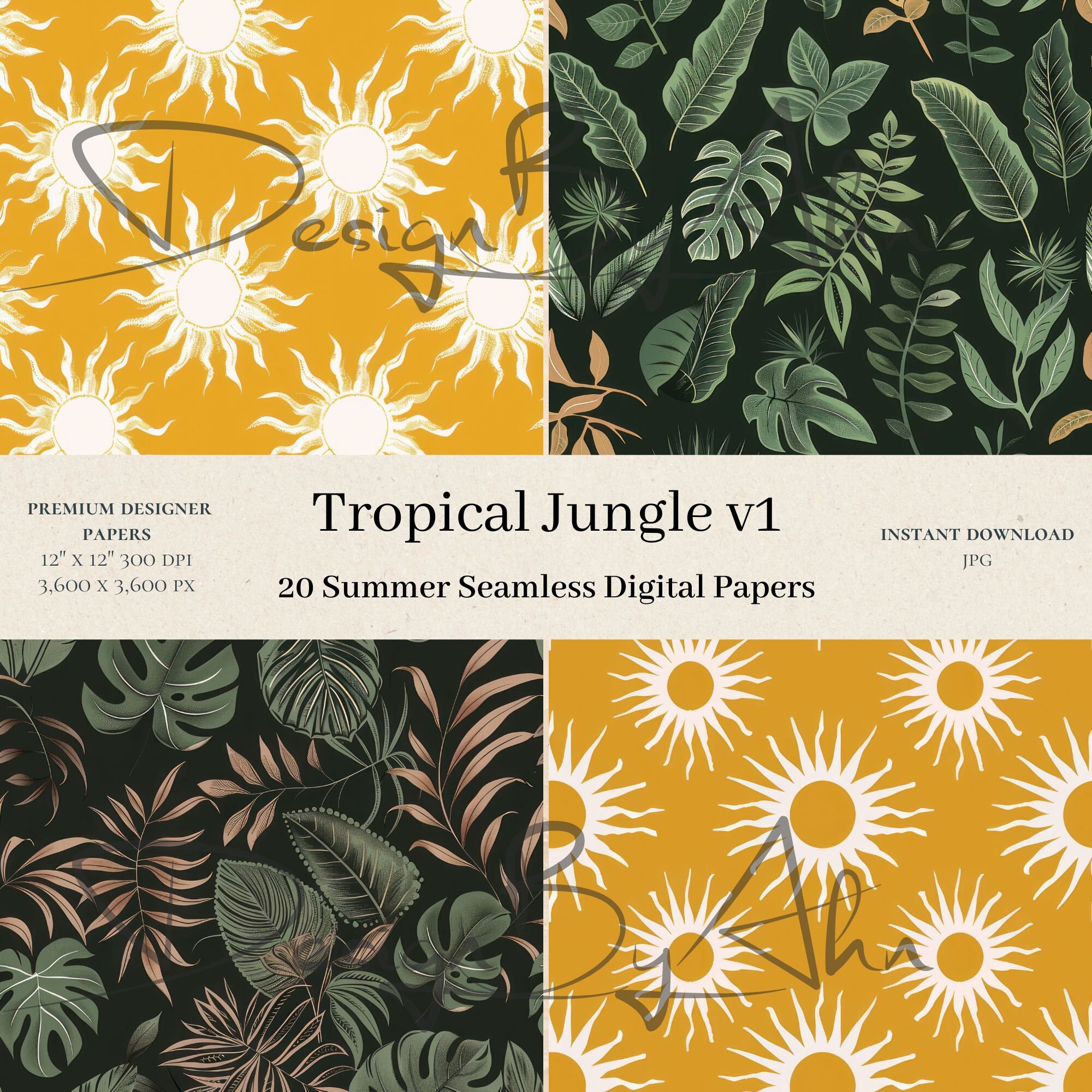 20 Tropical Jungle Digital Papers Elephant Scrapbook, Botanical Paper ...