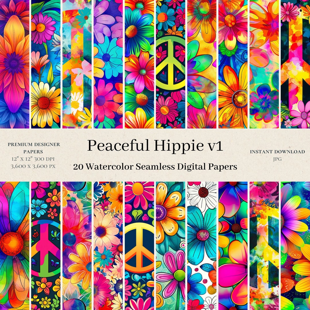20 Peaceful Hippie Digital Papers - Watercolor Scrapbook, Flowers ...