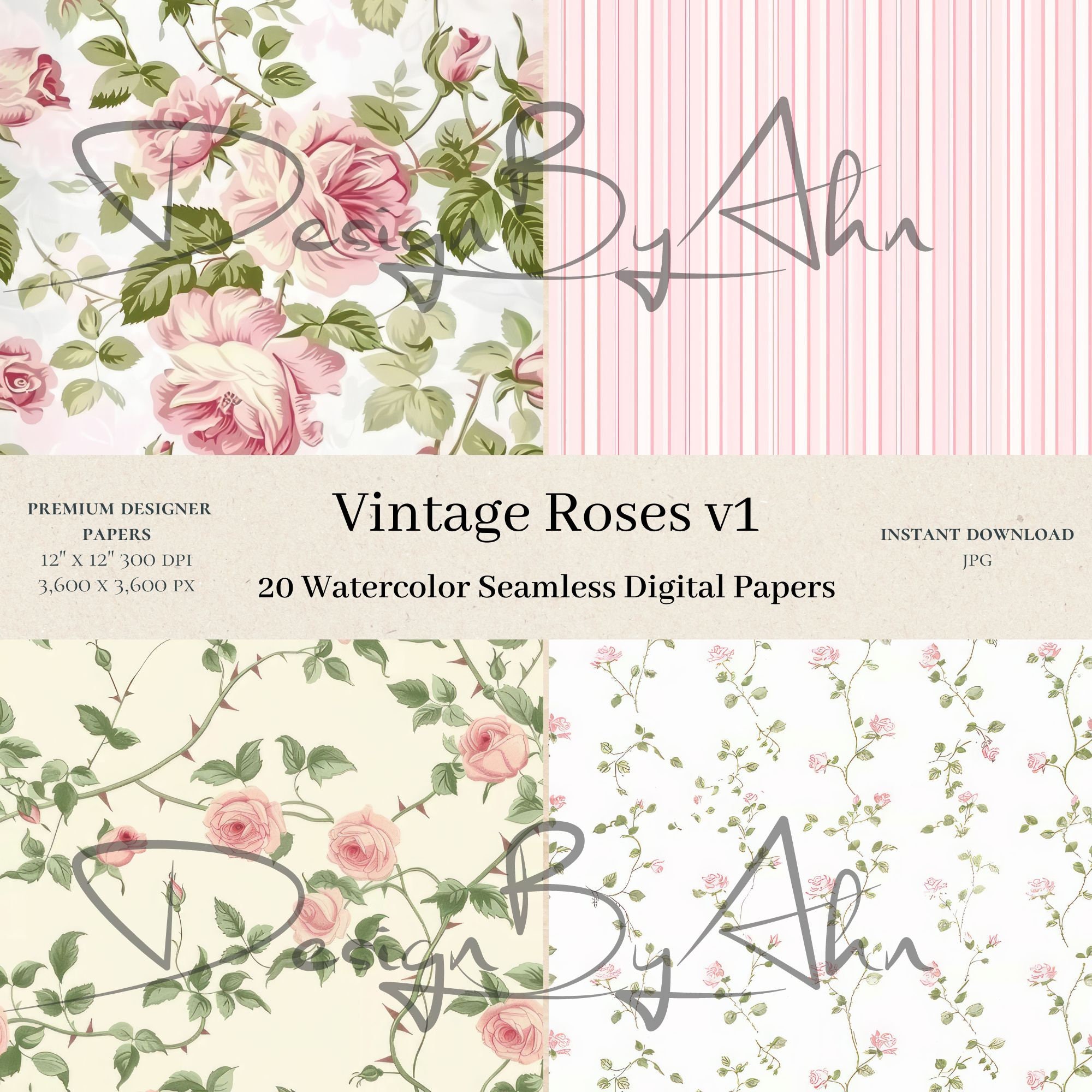 20 Vintage Roses Digital Papers Pink Roses Seamless Digital Paper ...