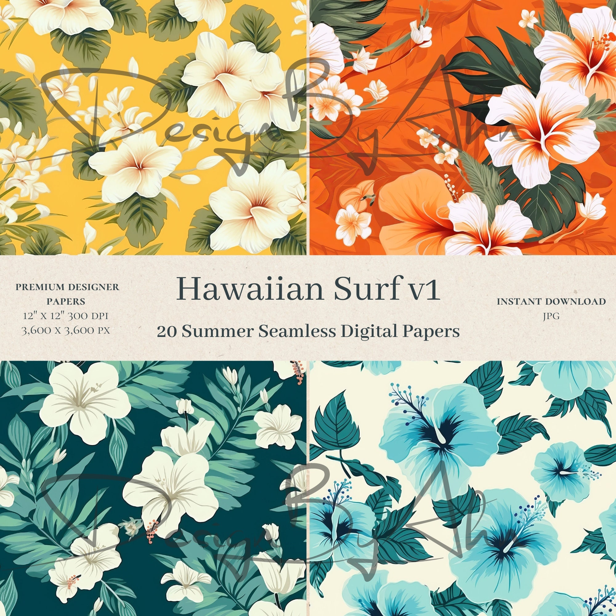 20 Hawaiian Surf Digital Papers - JPG - Tropical Seamless Pattern, Surf ...