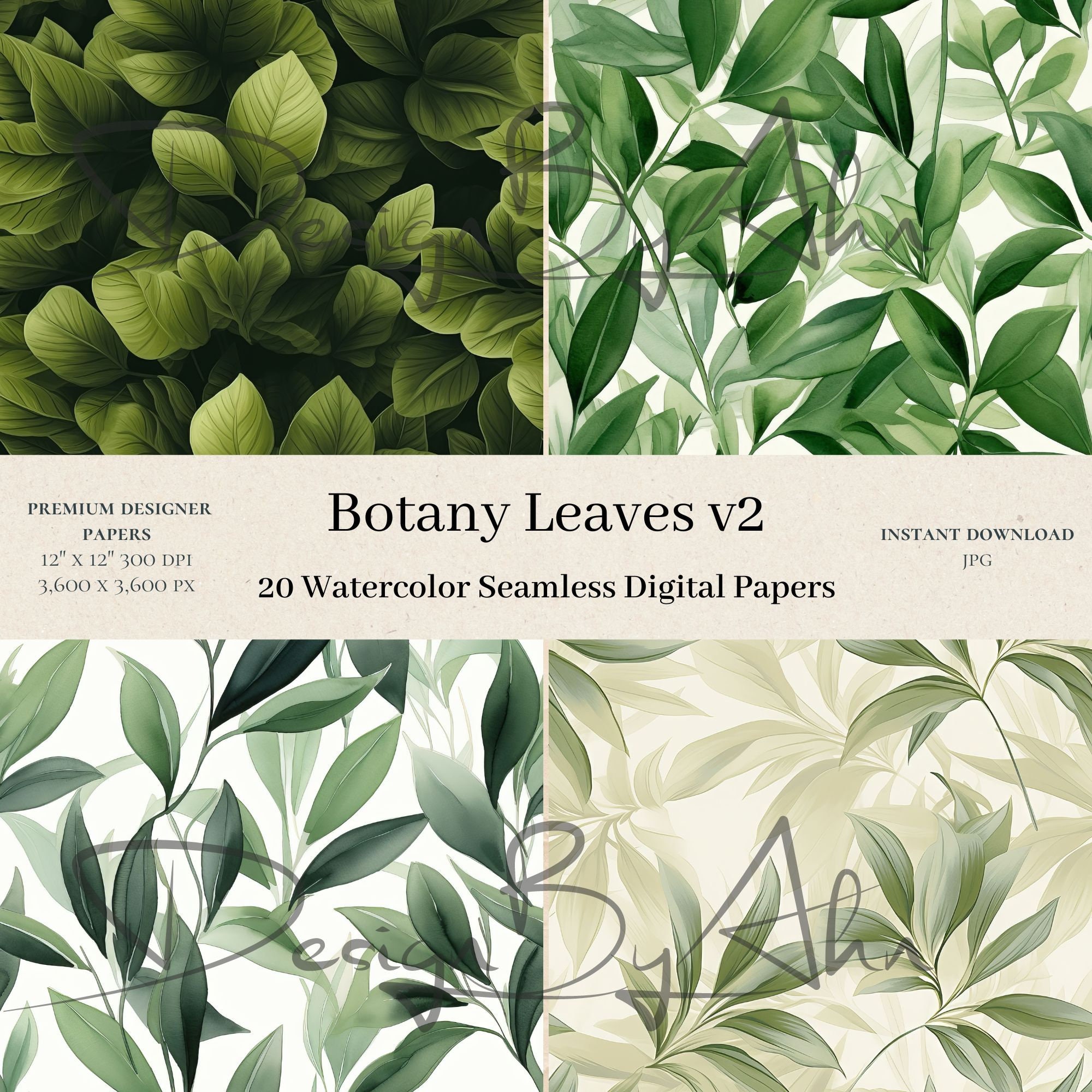 20 Botany Leaves Digital Papers Watercolor Scrapbook, Seamless Digital ...