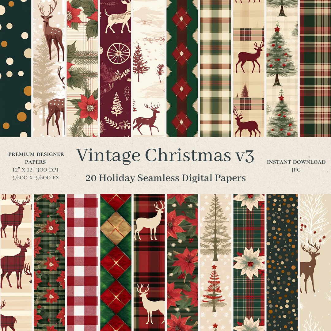 20 Vintage Christmas Digital Papers - Traditional Seamless Pattern ...