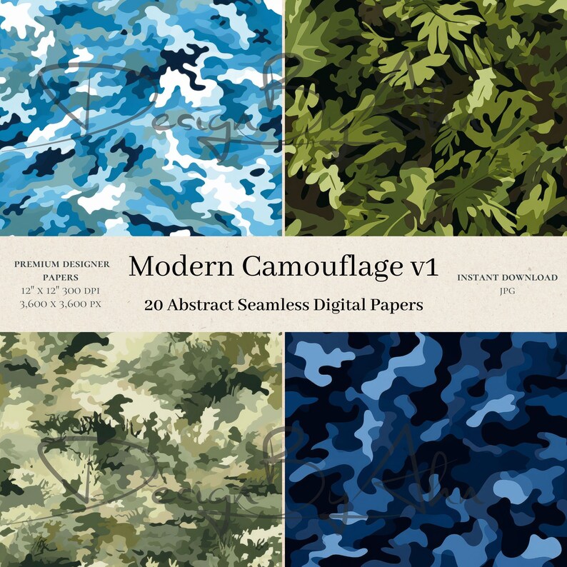 20 Modern Camouflage Digital Papers - Military Scrapbook, Seamless ...