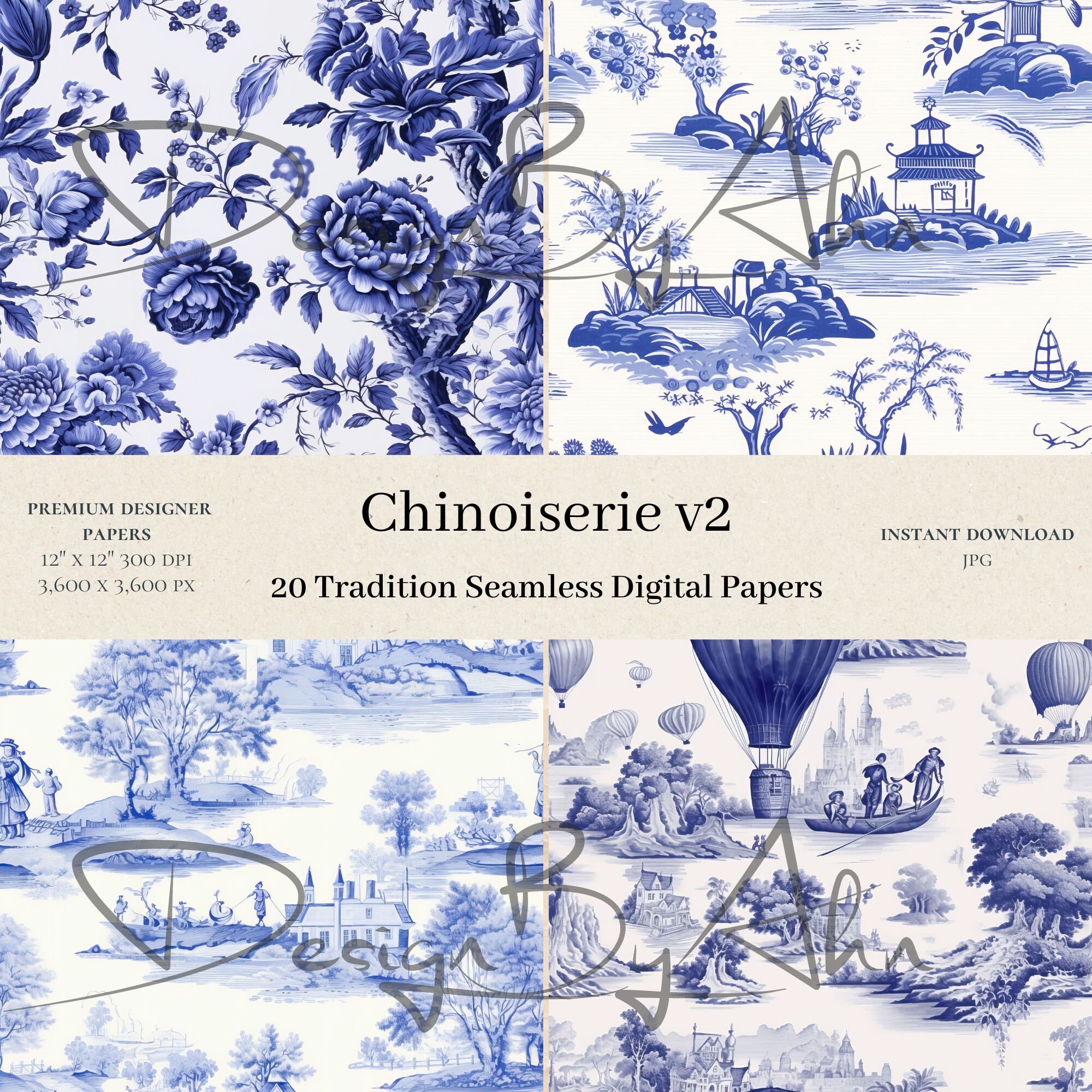 20 Chinoiserie Digital Papers Flower Scrapbook, Seamless Digital Paper ...