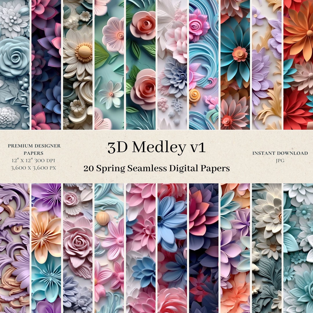 20 3D Medley Digital Papers - Sublimination Scrapbook, Seamless Digital ...