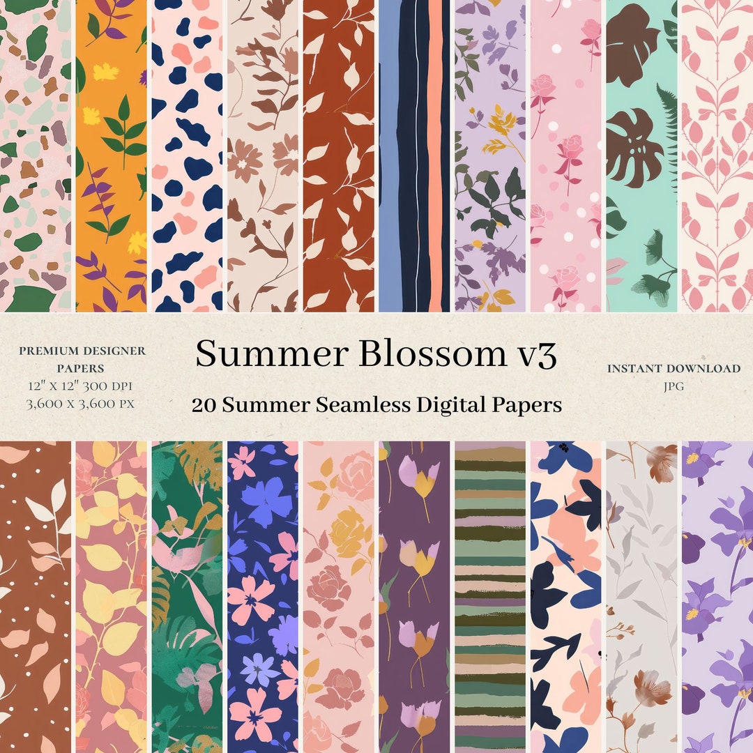 20 Summer Blossom Digital Papers - Flower Seamless Digital Paper, Rose ...
