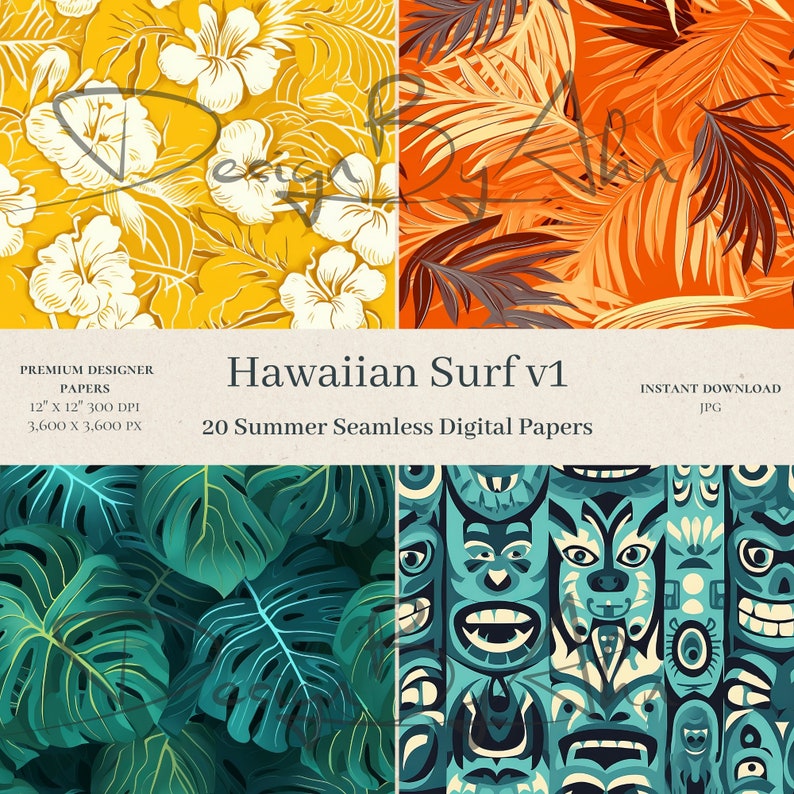 20 Hawaiian Surf Digital Papers - JPG - Tropical Seamless Pattern, Surf ...