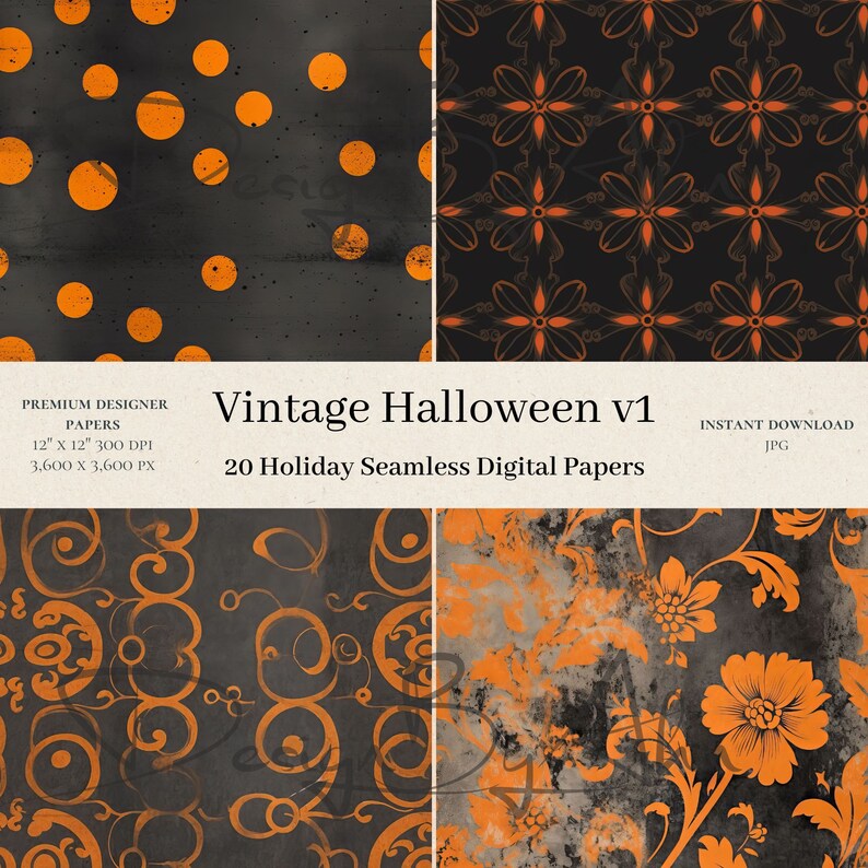 20 Vintage Halloween Digital Papers - Gothic Seamless Pattern, Black ...