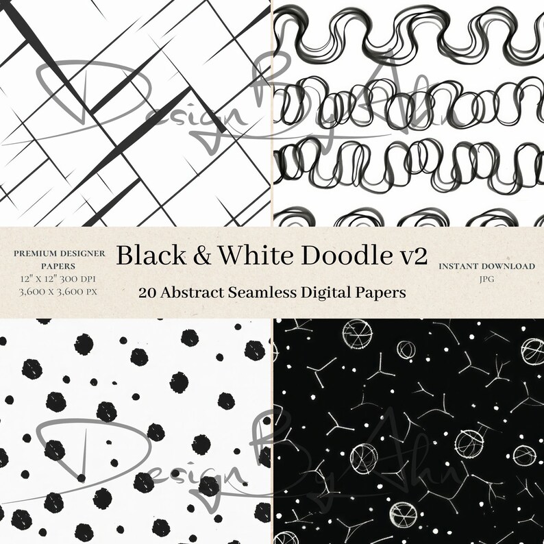 20 Black & White Doodle Digital Papers - Doodle Scrapbook, Hand Drawn ...
