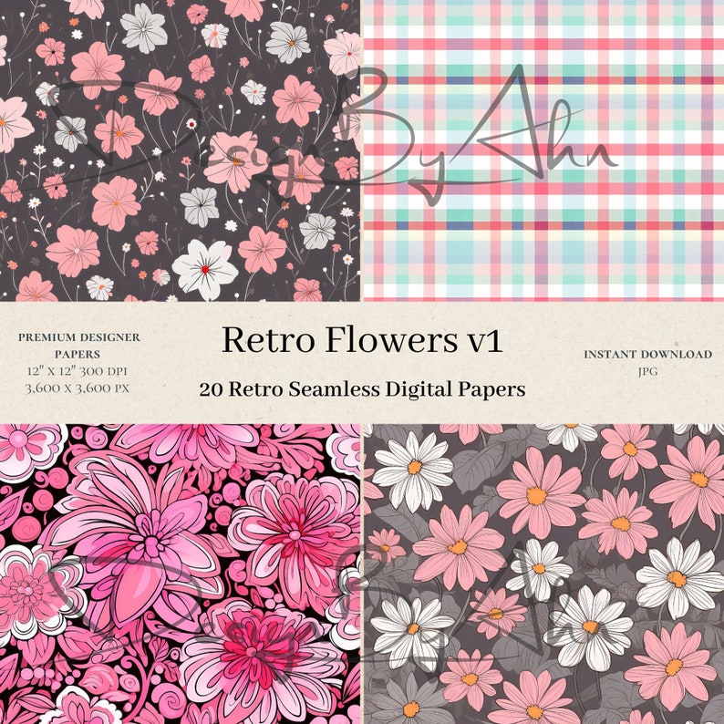 20 Retro Flowers Digital Papers - Commercial Use, Scrapbook Paper ...