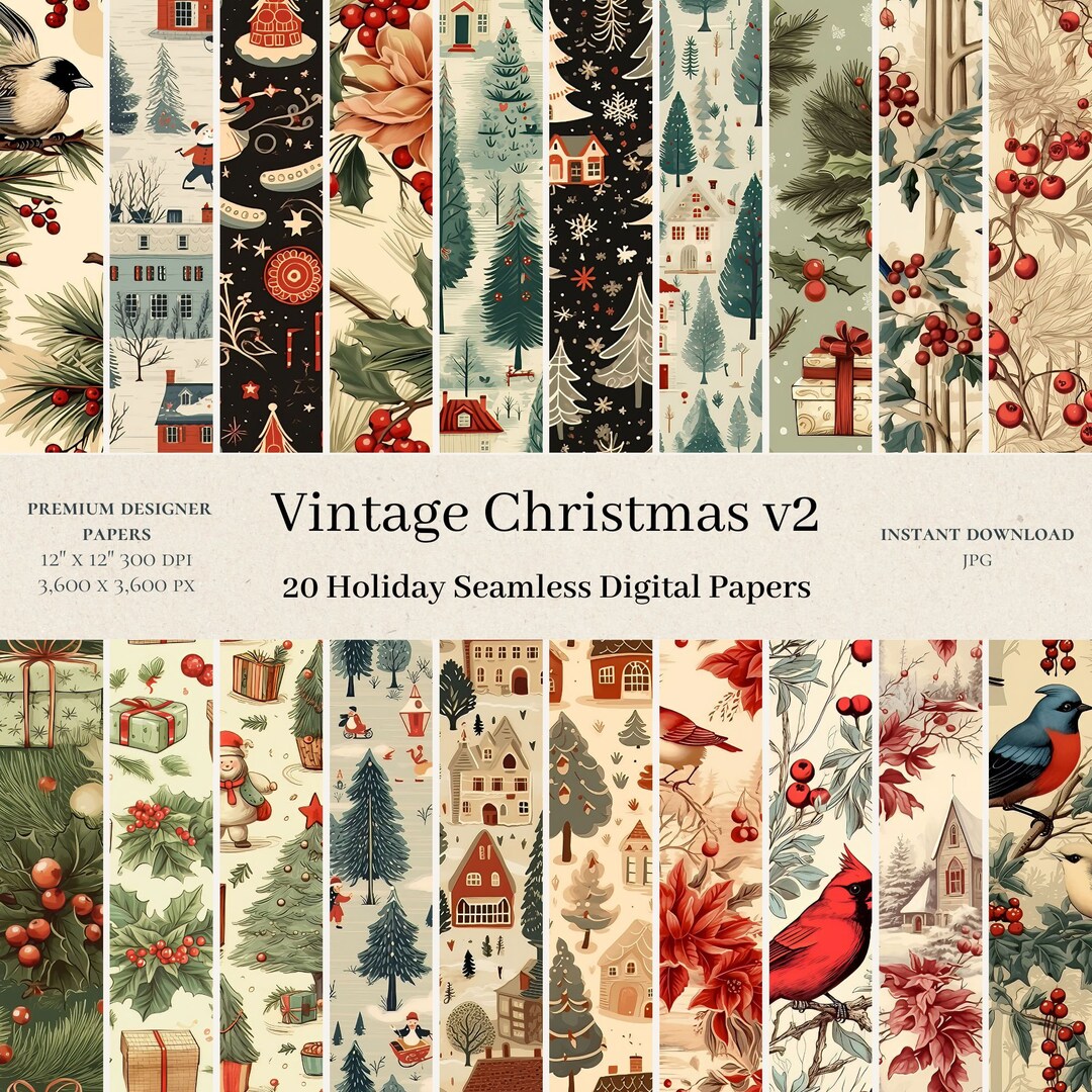 20 Vintage Christmas Digital Papers - Winter Seamless Pattern, Old ...